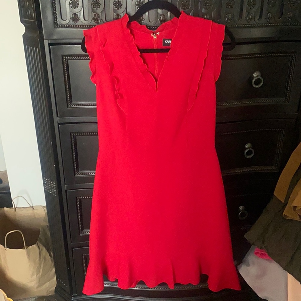 New Karl Lagerfeld Red Dress With Fringe Size 6 - Gem
